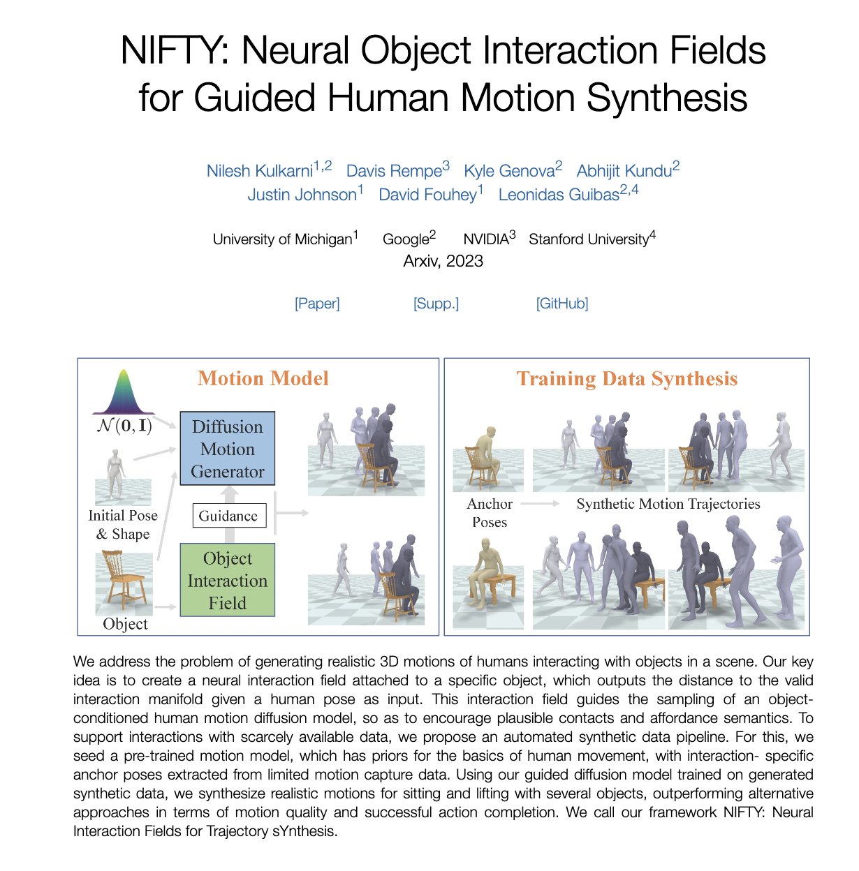 AK on Twitter: "NIFTY: Neural Object Interaction Fields for Guided Human Motion Synthesis paper ...