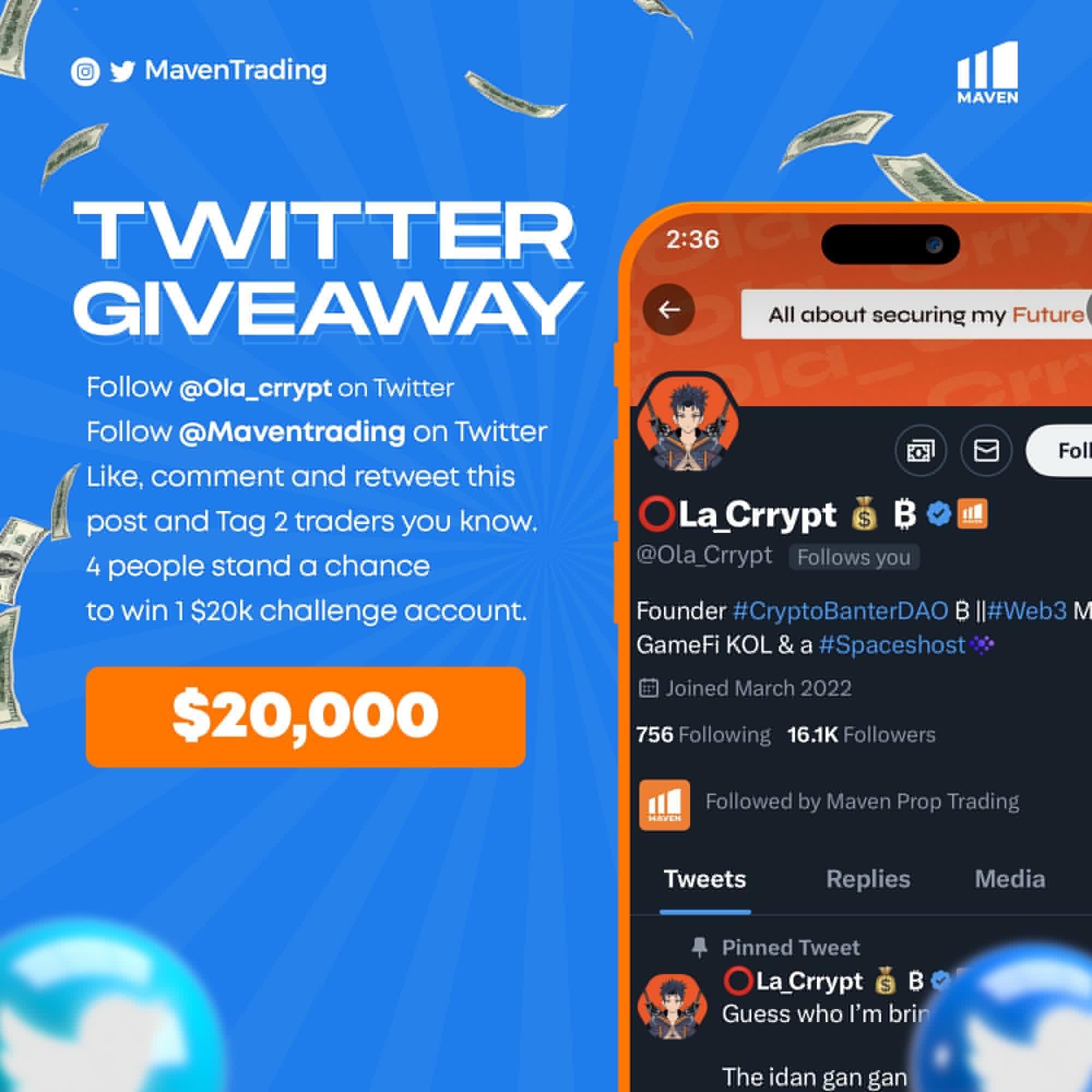 ⭕️La_Crrypt 💰 ₿ on Twitter: "Maven Prop Firm Acc Giveaway $20k to 4 participants 🔸Follow & turn ...