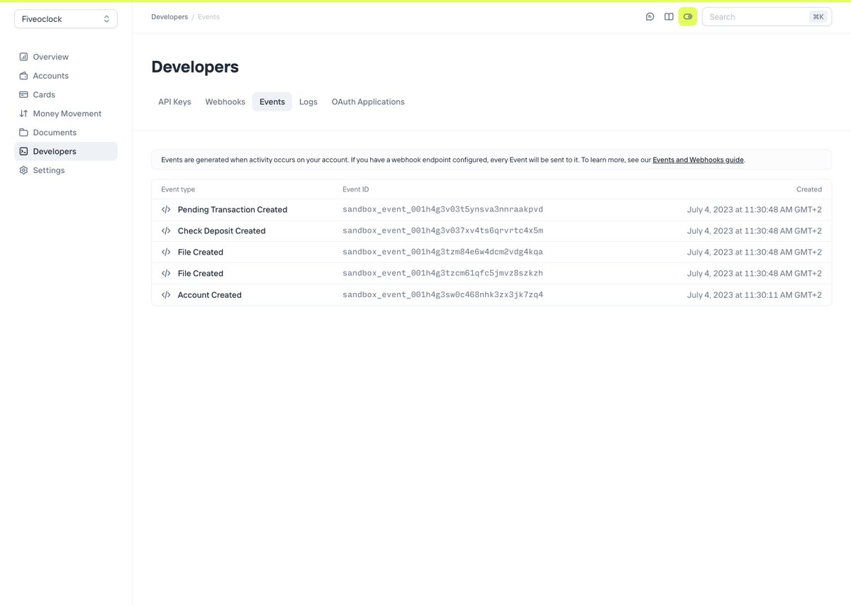 SaaS Shots 📸 on Twitter: "Developers Tab - Events Log View from http://increase.com"