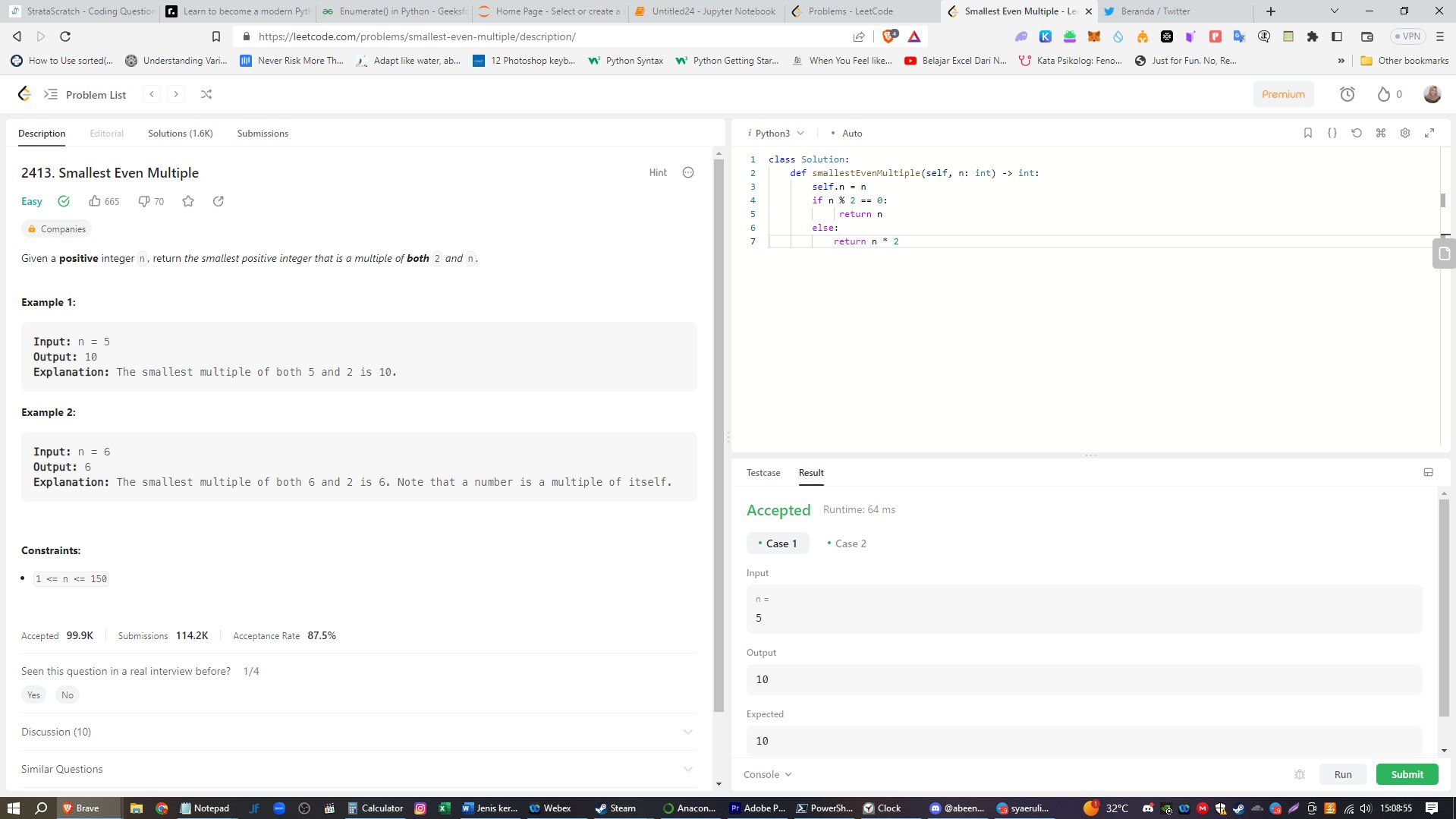 Syaerulidstark On Twitter Absen Leetcode Hari Ini Masih Python Smallest Even Multiple Kita