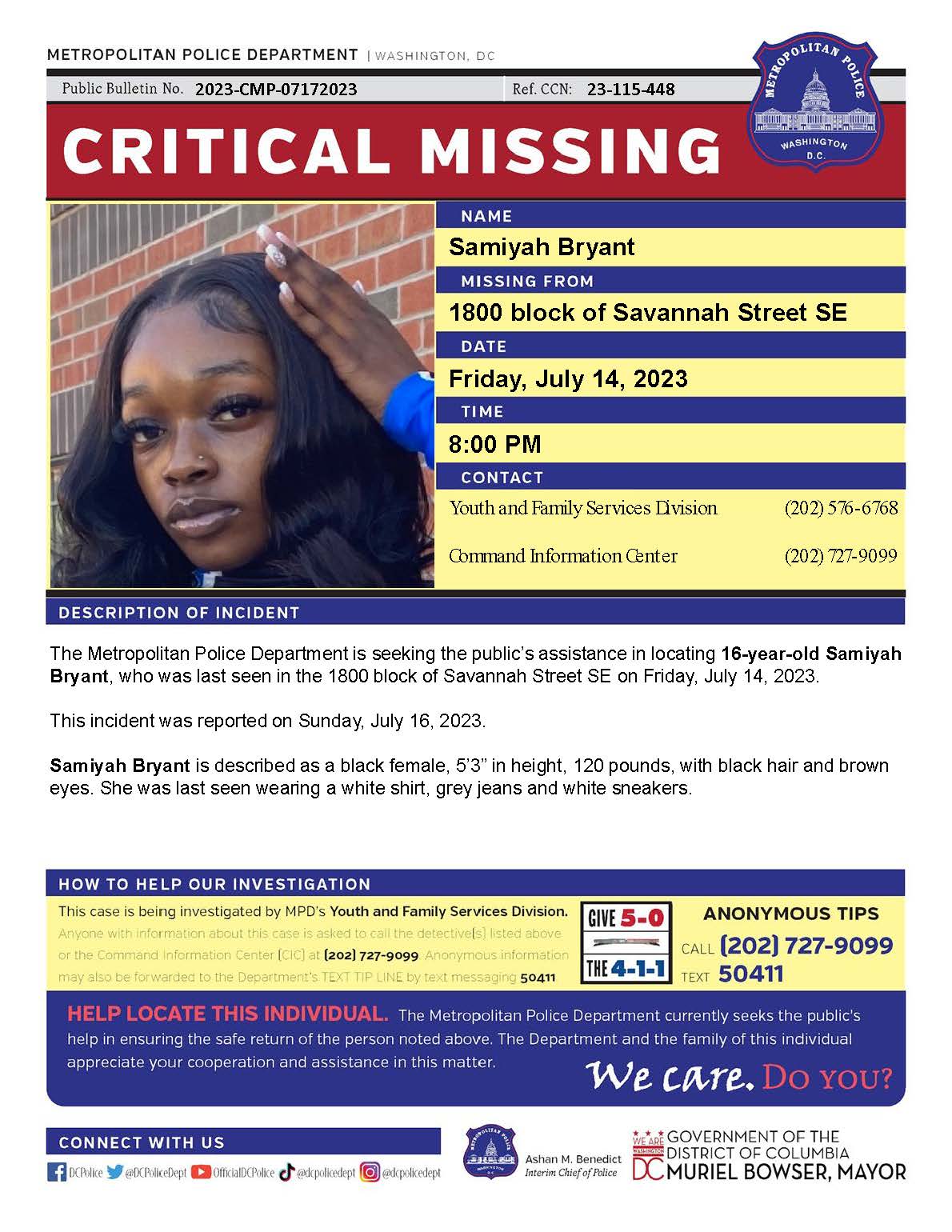 DC Police Department on Twitter: "Critical #MissingPerson 16-year-old Samiyah Bryant, who was ...
