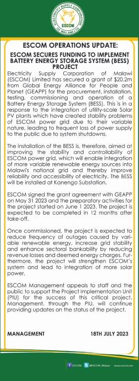 ESCOM on Twitter: "ESCOM SECURES FUNDING TO IMPLEMENT BATTERY ENERGY STORAGE SYSTEM (BESS ...
