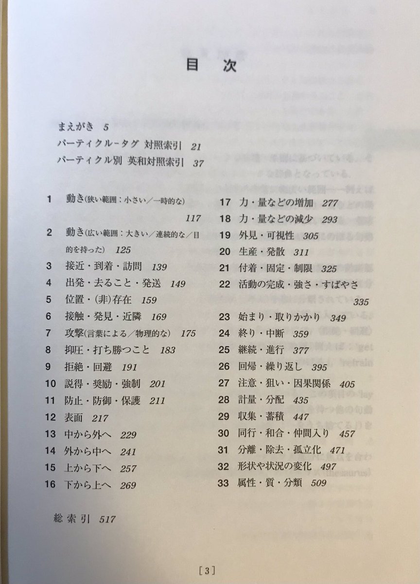 Early Bird On Twitter 添付画像の書籍はユニークな原理・原則に基づくユニークな辞典だ。目次のように約四千の句動詞が約三十のテーマに分類されている。動詞部分でなく副詞また