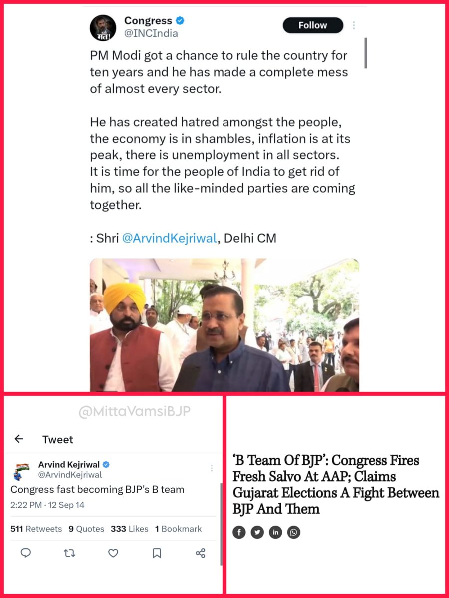 Mitta Vamsi Krishna on Twitter: "- Kejriwal: Congress is B team of BJP - Congress: AAP is B team ...