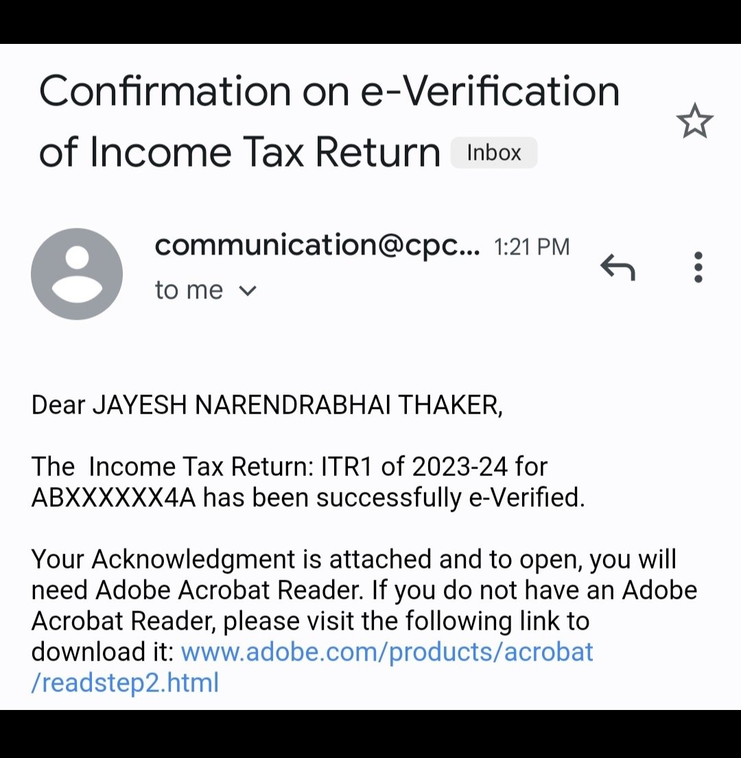 Jayesh Thaker on Twitter: "IT return filed today and confirmation received at 1.21 PM IT return ...