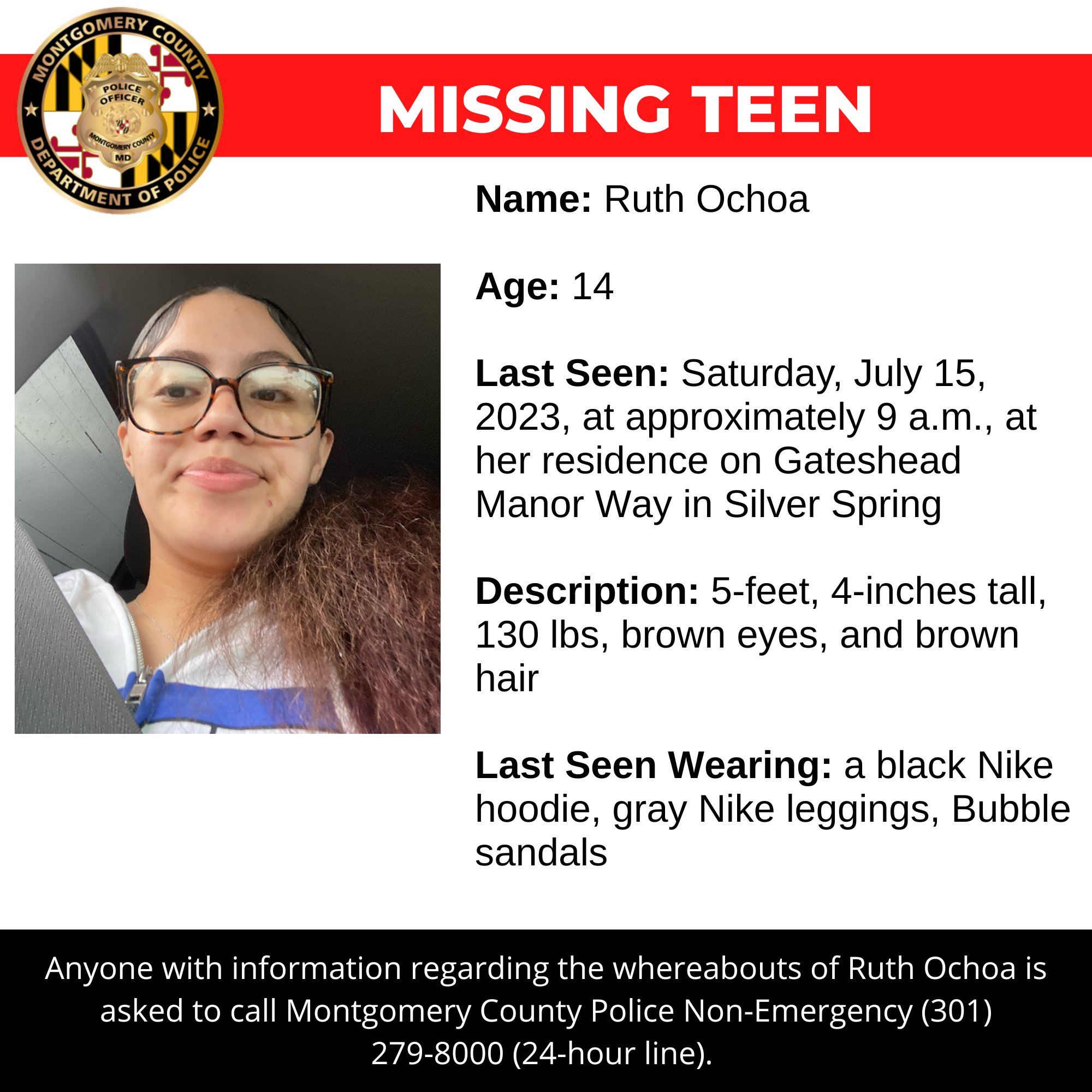 Montgomery County Department of Police on Twitter: "Concern for Missing Fourteen-Year-Old The ...