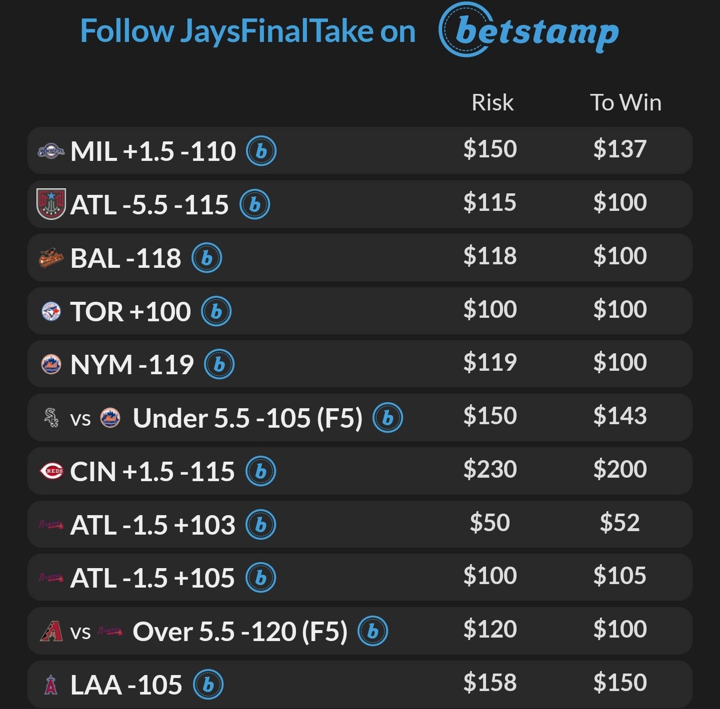 Jay on Twitter: "🚨07/18 FULL CARD #MLB MIL +1.5 -110 BAL -118 TOR +100 NYM -119 CHI/NYM U5.5 ...