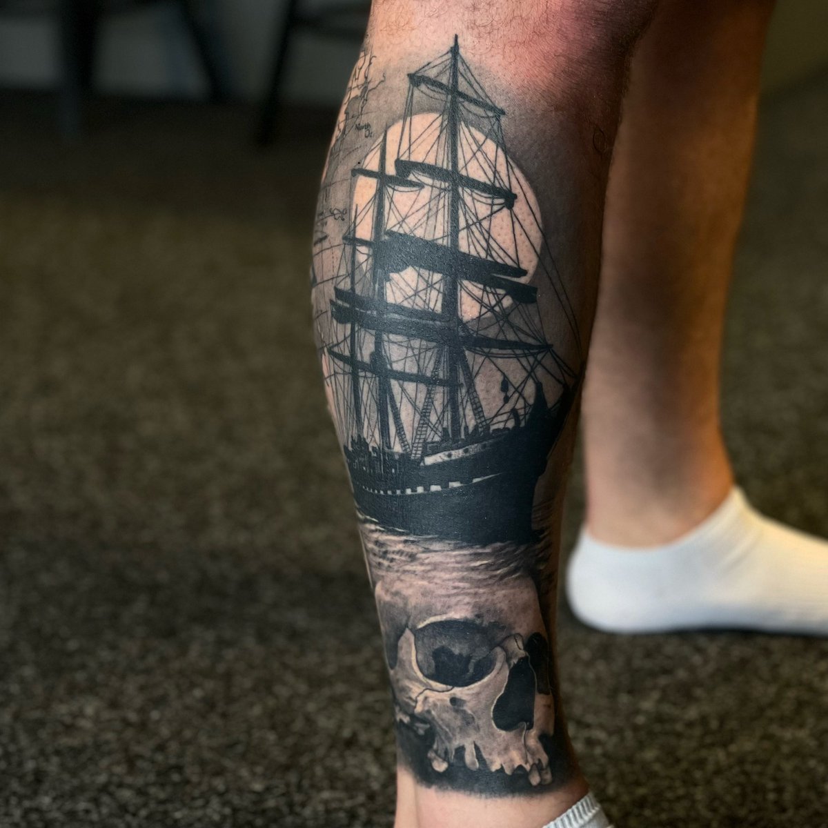 Pirate Ship Leg Tattoos