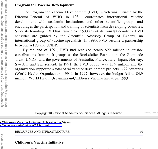 1993 The Children's Vaccine Initiative: Achieving the Vision Institute ...