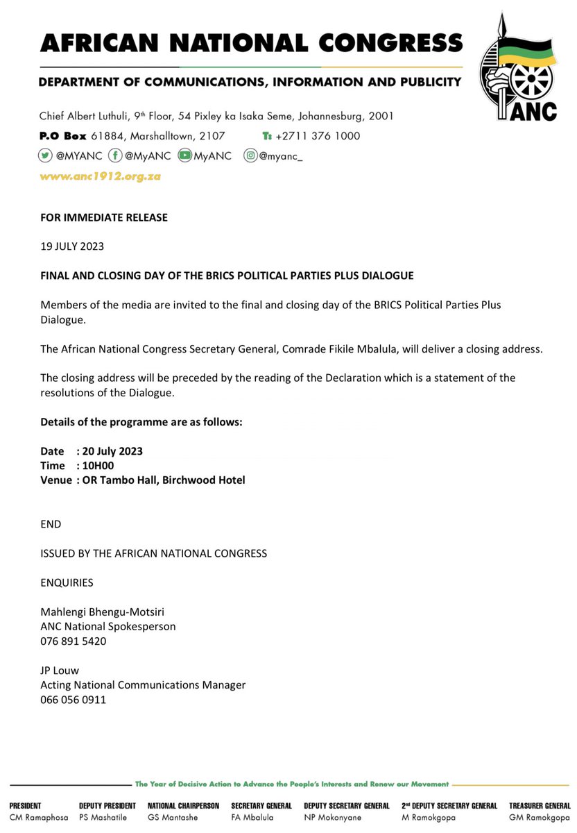 African National Congress on Twitter: "Members of the media are invited to the final and closing ...