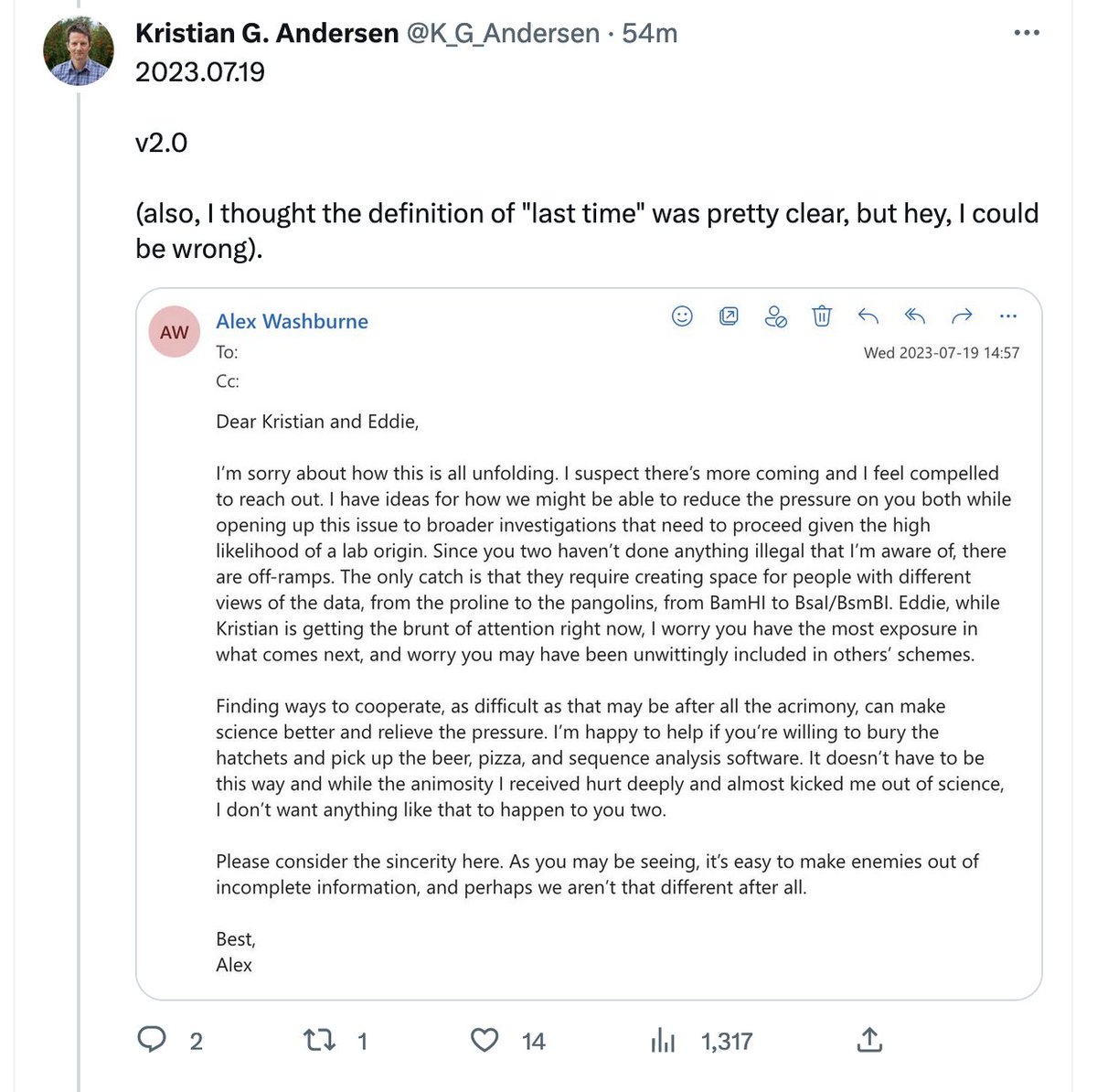 Bryce Nickels on Twitter: "Update - Kristian Andersen is sharing private emails sent to him by ...