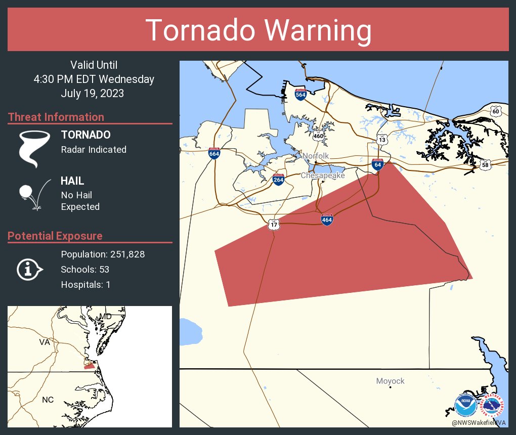 NWS Wakefield on Twitter: "Tornado Warning including Chesapeake city, VA, Virginia Beach city ...
