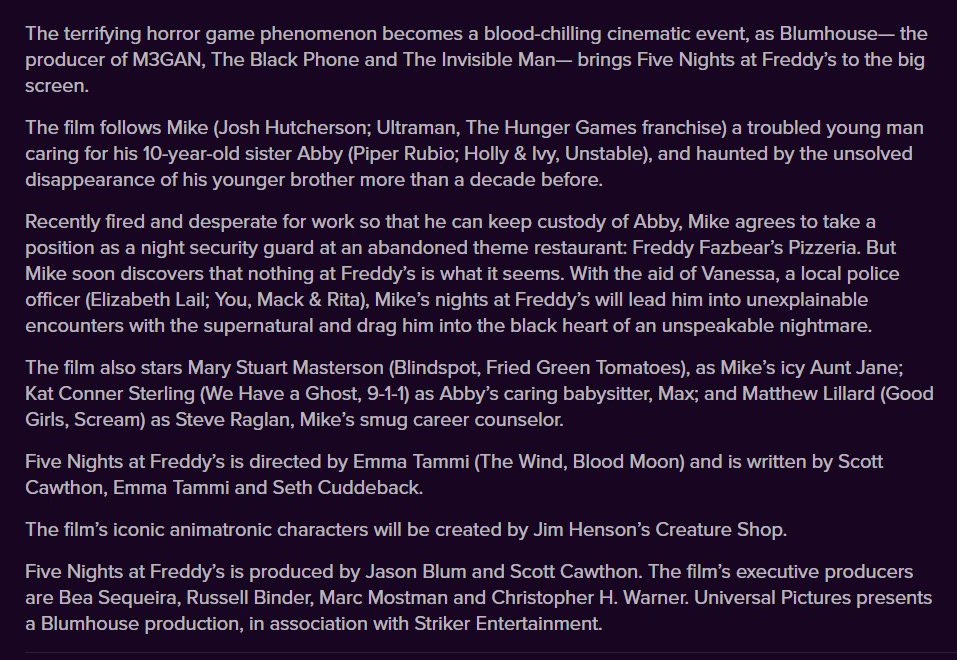 JonnyBlox on Twitter: "Brand new synopsis for Blumhouse’s upcoming ‘FIVE NIGHTS AT FREDDY’S ...