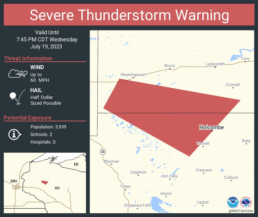 NWS Severe Tstorm on Twitter: "Severe Thunderstorm Warning including Holcombe WI until 7:45 PM CDT"