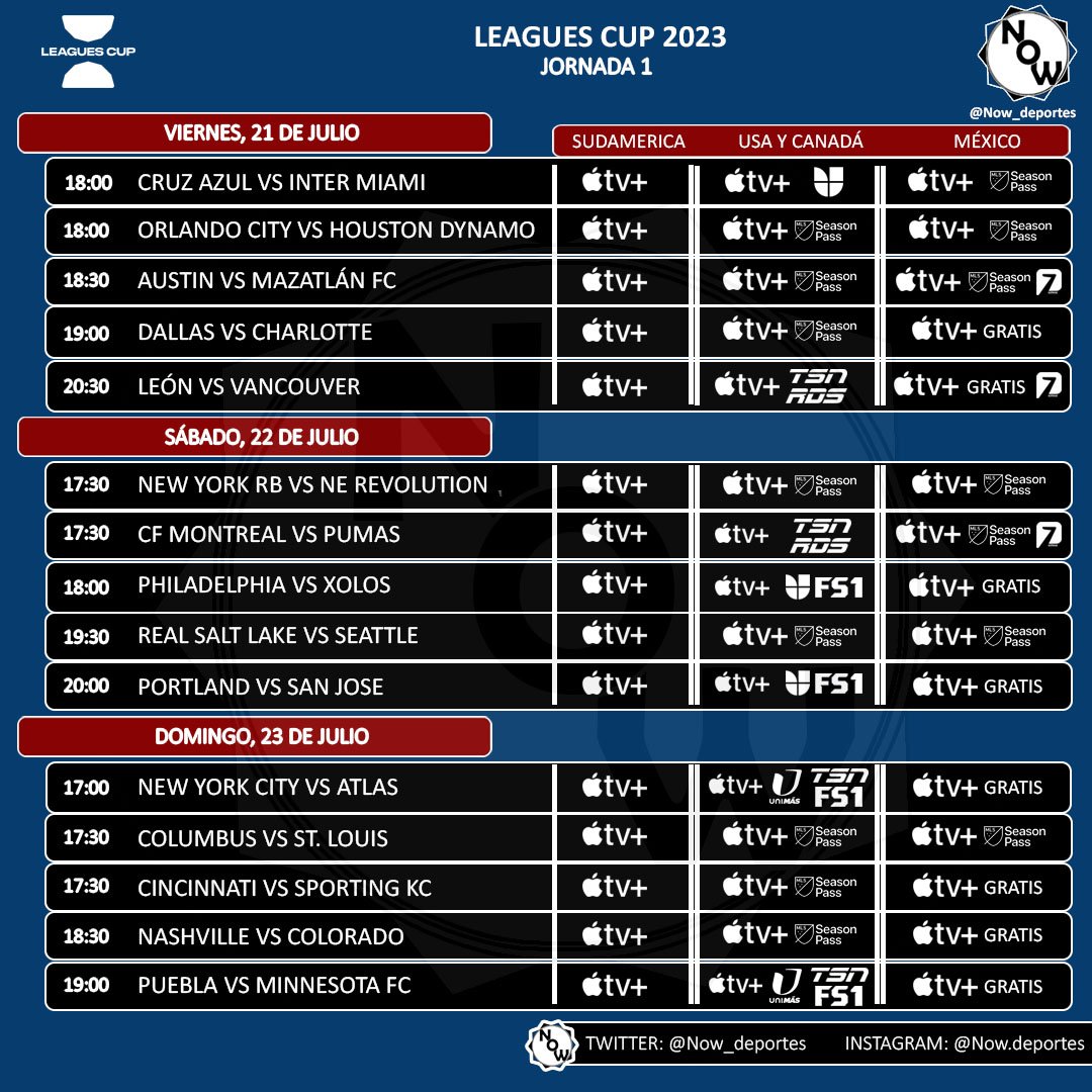 NOW Sports on Twitter: "Horarios y transmisiones de la Jornada 1 Leagues Cup (CDMX) 🏆 📺 ...