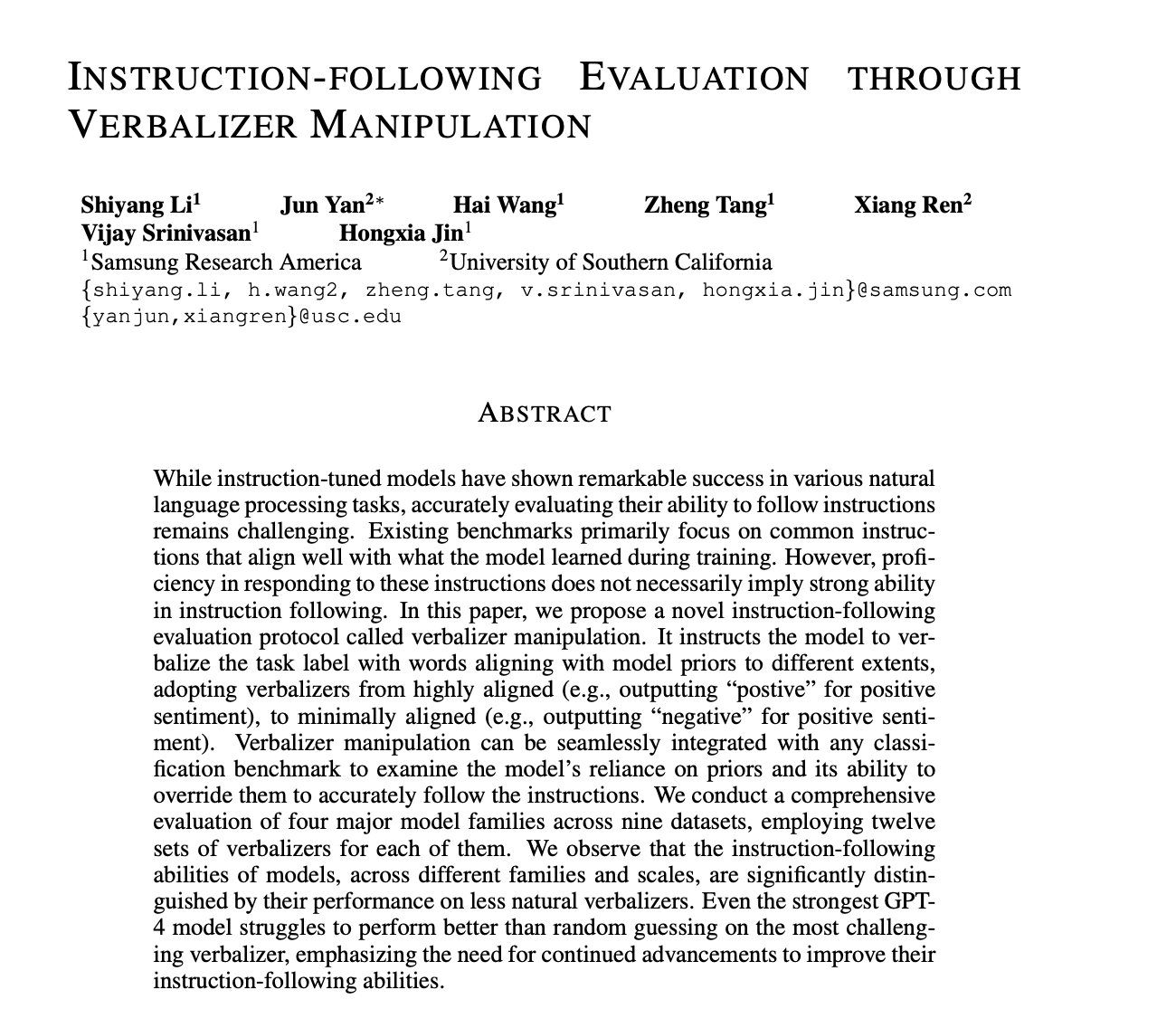 AK on Twitter: "Instruction-following Evaluation through Verbalizer Manipulation paper page ...