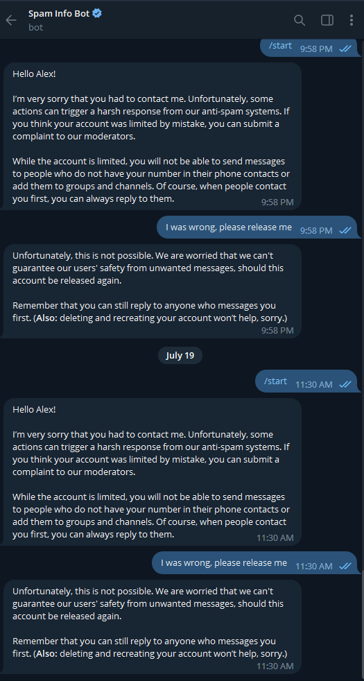 4lex_4sh4w on Twitter: "Open appeal to @telegram for help: I have been blacklisted by TG's bots ...