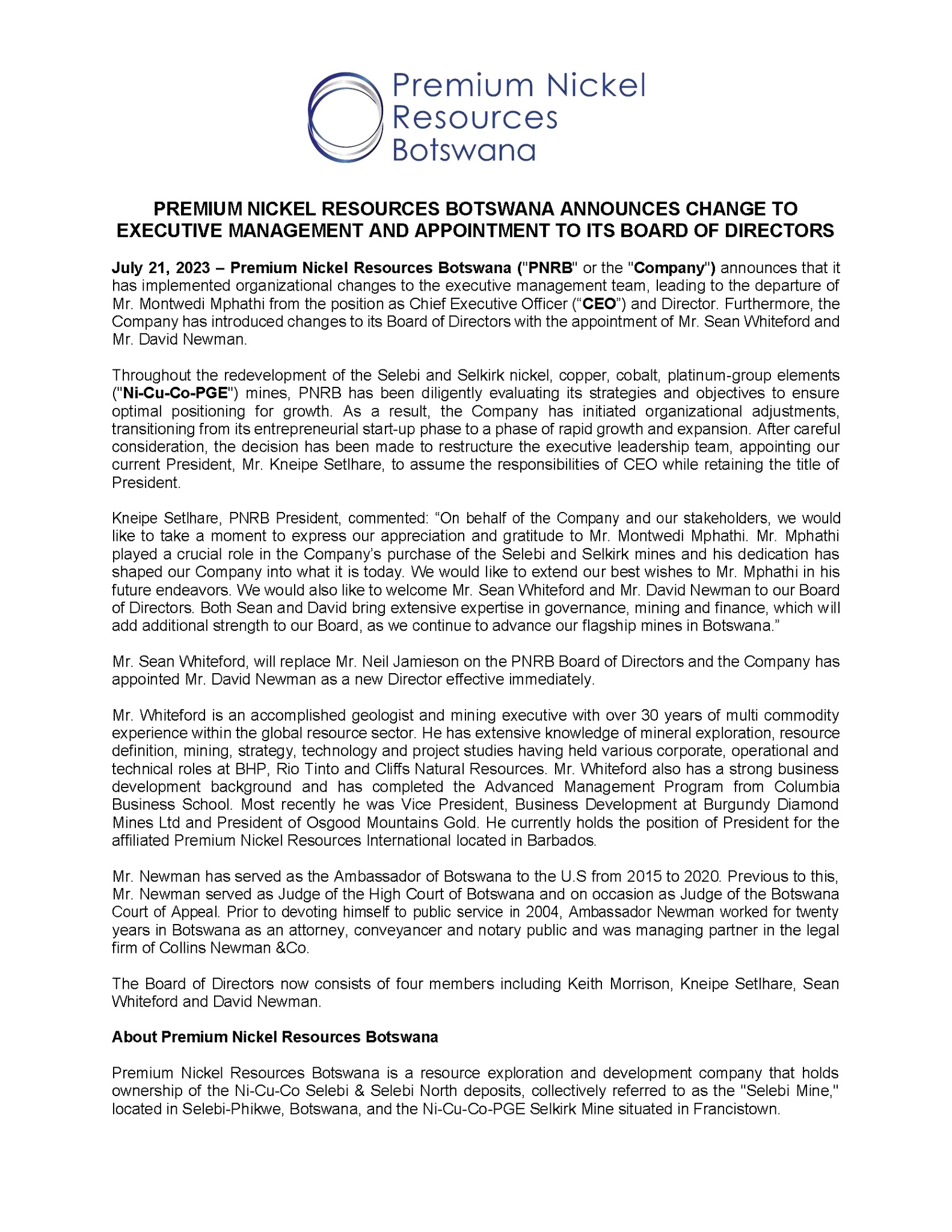 Premium Nickel Resources Botswana on Twitter: "Strategic leadership changes at #PremiumNickel ...