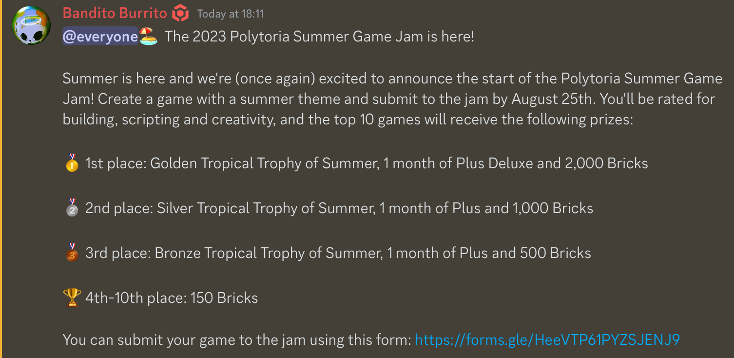 Polytoria News on Twitter: "NEWS: The Polytoria Summer 2023 Game Jam has just arrived! Once ...