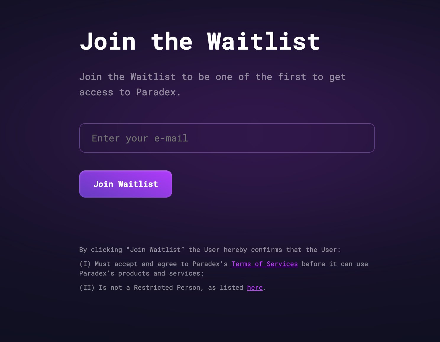 Paradex on Twitter: "The waitlist is back up and running! LG! 🚀 https://t.co/S1t3KR3bWg https ...