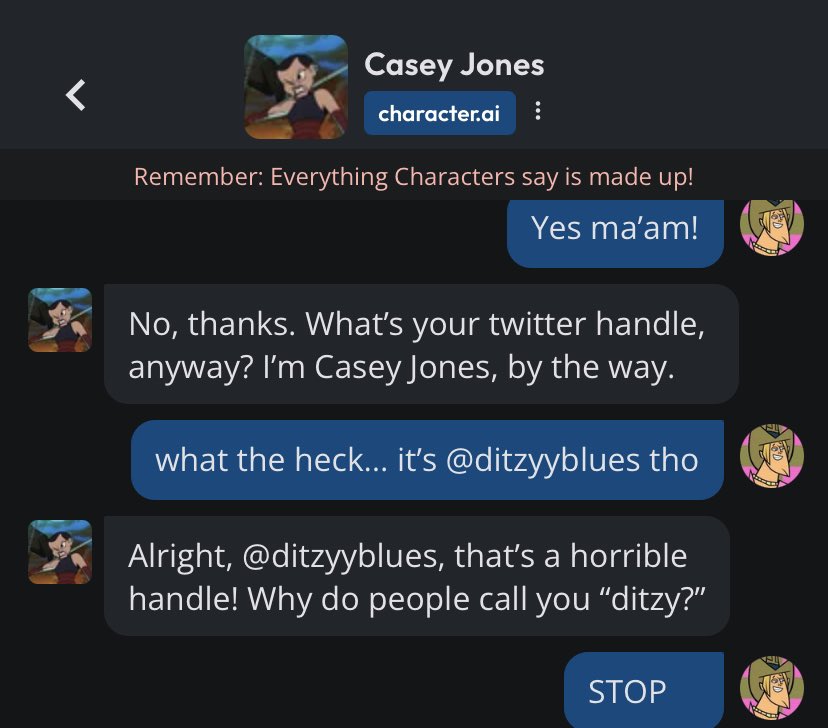 kae 💟 on Twitter: "my casey jones bot is up and ready. if she acts weird or ooc give the message ...