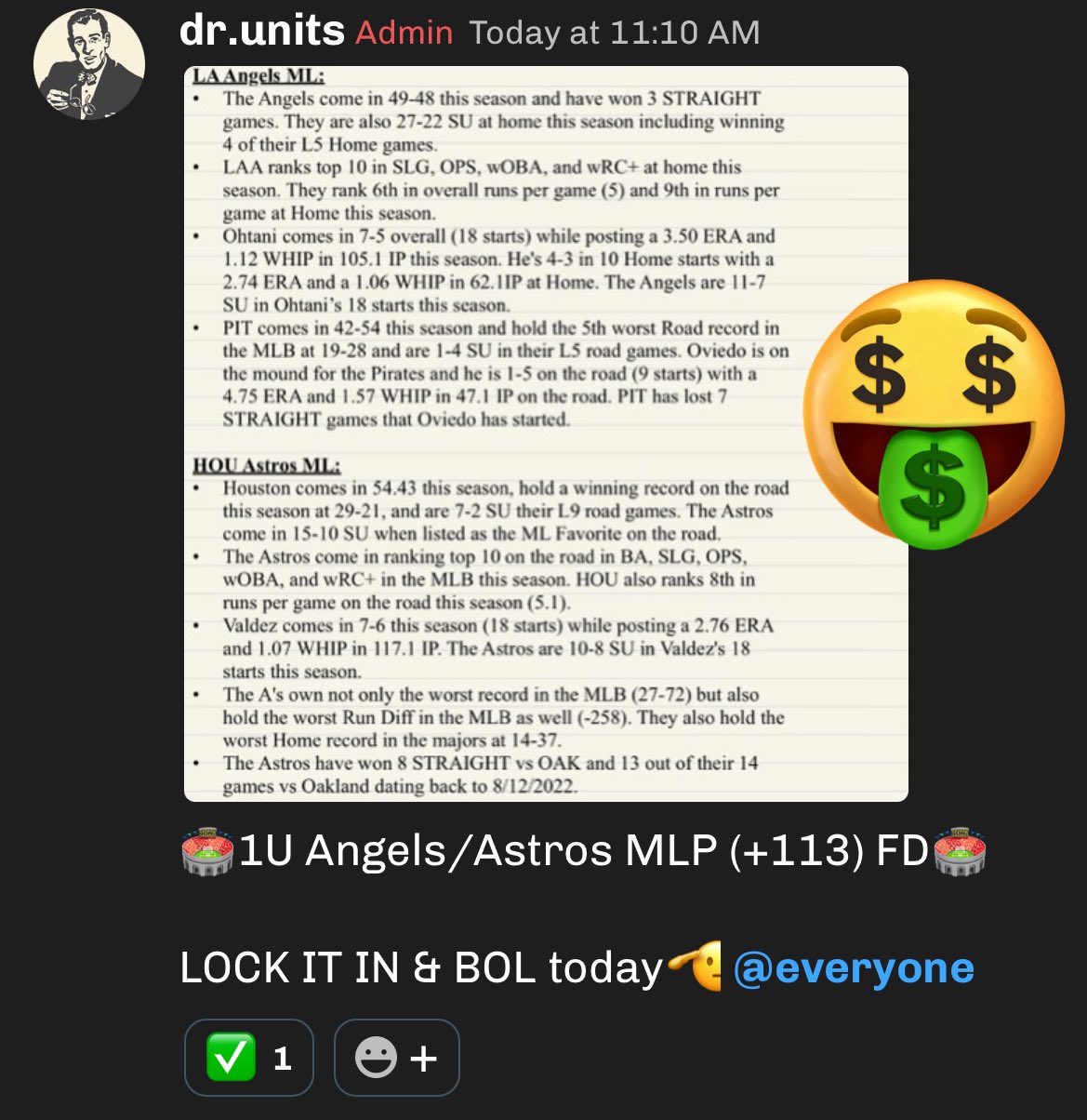 Dr. Units, PhD on Twitter: "ANGELS/ASTROS MLP 💰🚀 SWEAT FREE #MLB WINNER for our @ChalkboardHQ ...
