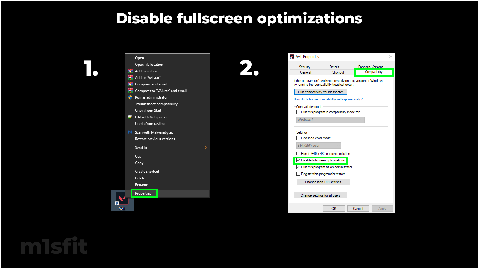 m1sfit on Twitter: "6/ Disable Fullscreen Optimizations. This forces windows to run the app in ...