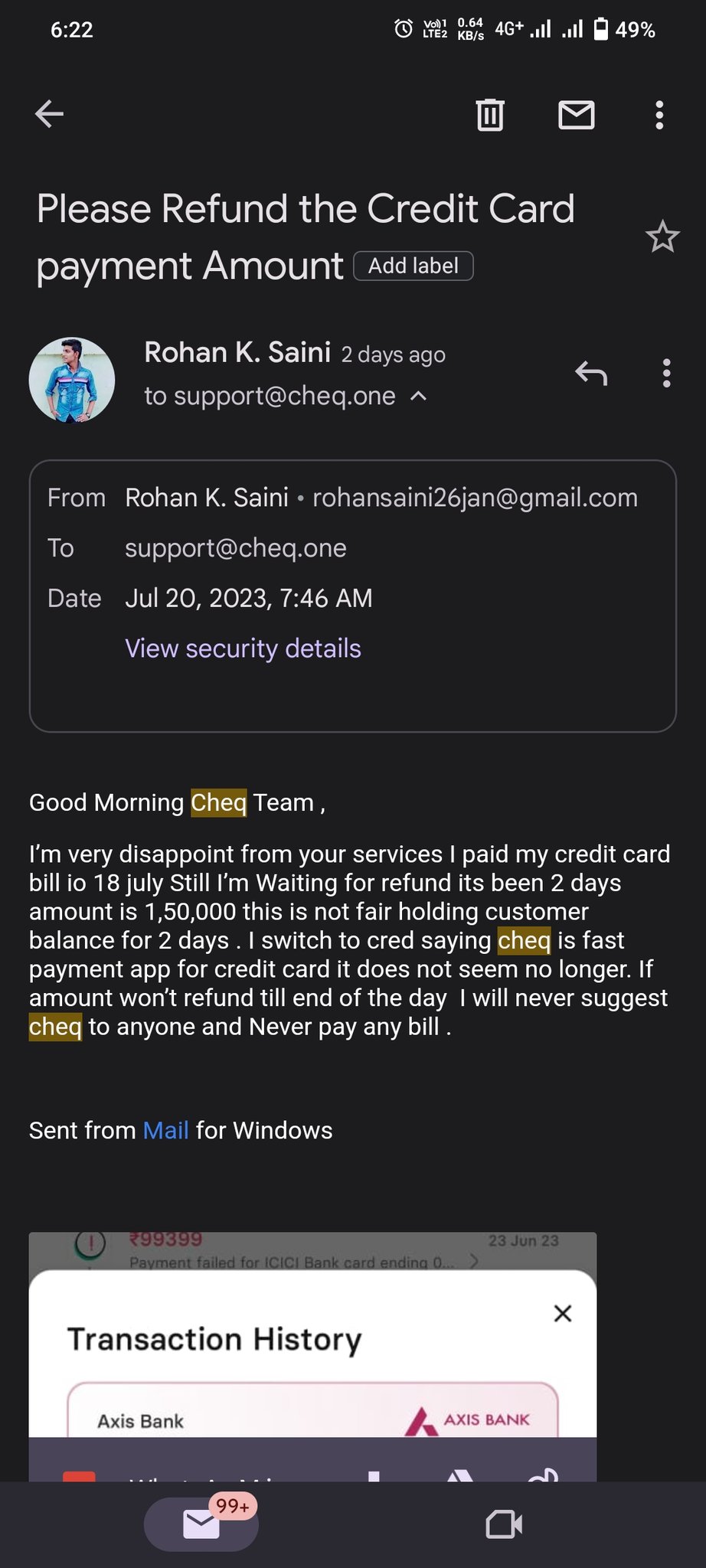 Rohan K. Saini on Twitter: "@CheQ_One @CheQSupport Sir Cheq Team PLEASE REFUND MY MONEY 🙏😭 😭 😭 ...