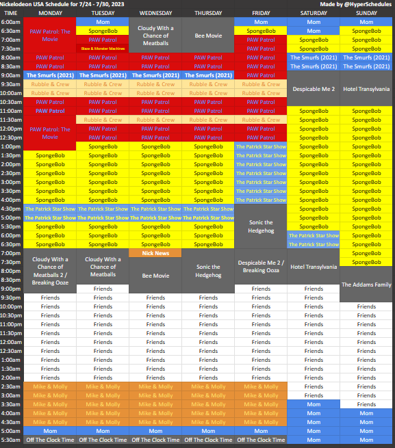 HyperSchedules on Twitter: "Nickelodeon USA schedule for 7/24 - 7/30, 2023 EST, subject to ...