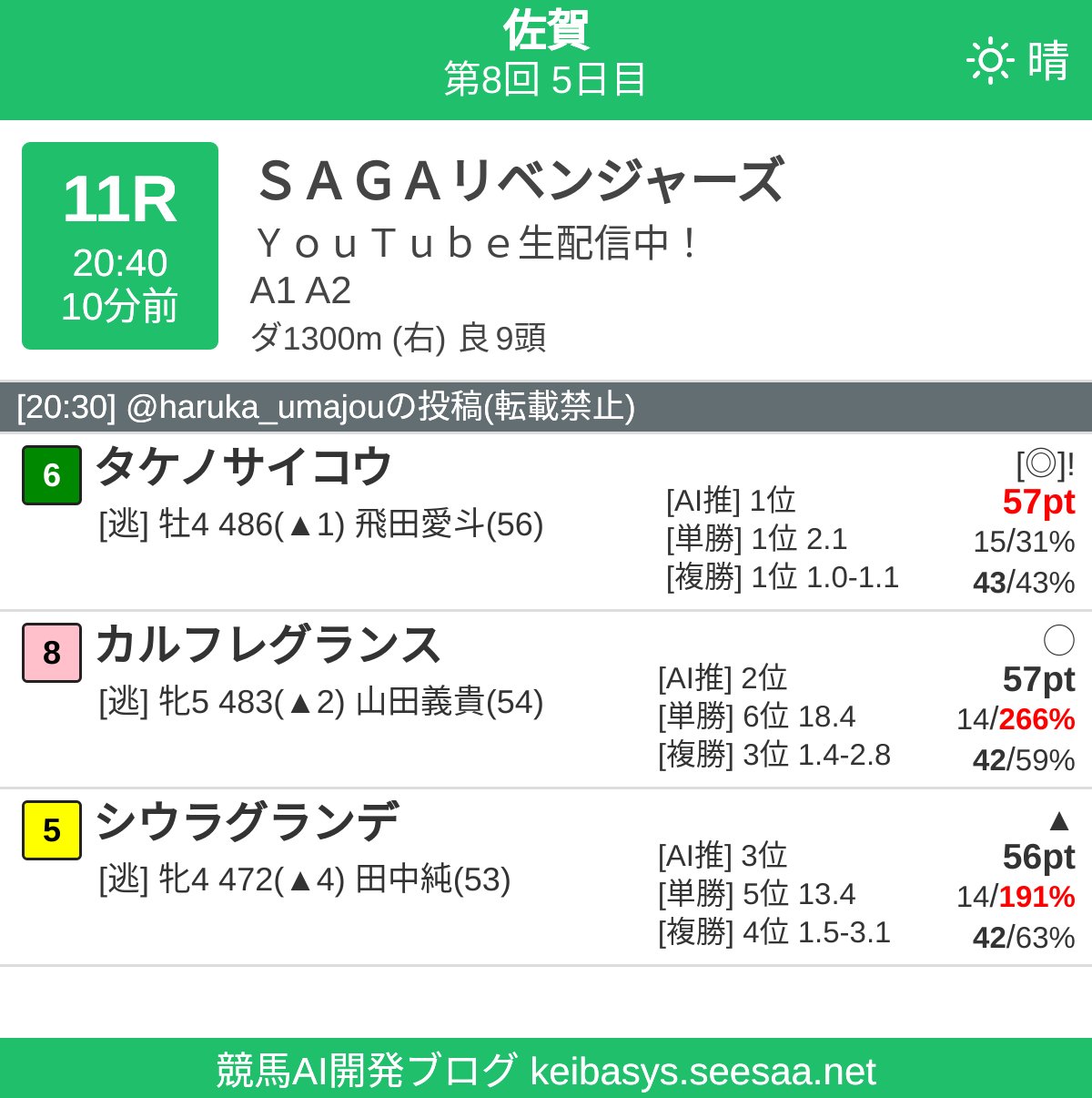 競馬AI 広報担当haruka on Twitter: "佐賀11R SAGAリベンジャーズ 佐賀11RのAI予測全出走馬の詳細情報を無料公開!! https://t.co ...