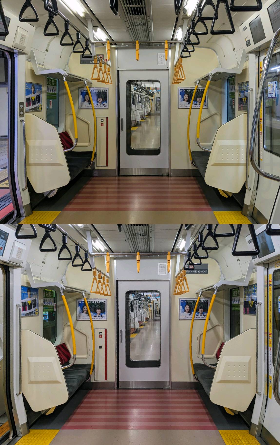 MTTC@内装鉄・比較画像 on Twitter: "JR東日本E233系 上：0番台中央線 下：8000番台南武線 製造年が比較的離れている両者なので、袖仕切、天井のスリット、消火器の小窓 ...