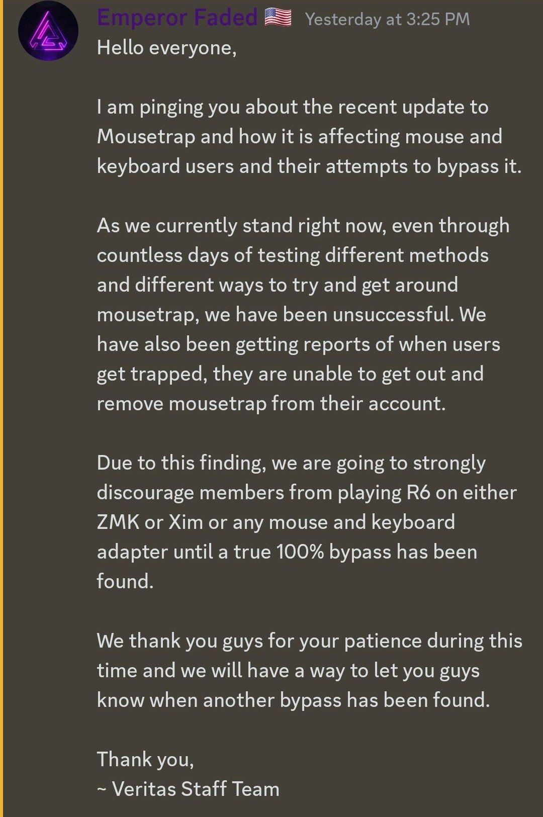 coreRoss on Twitter: "Looks like R6 MouseTrap update to fix the bypass has so far been ...