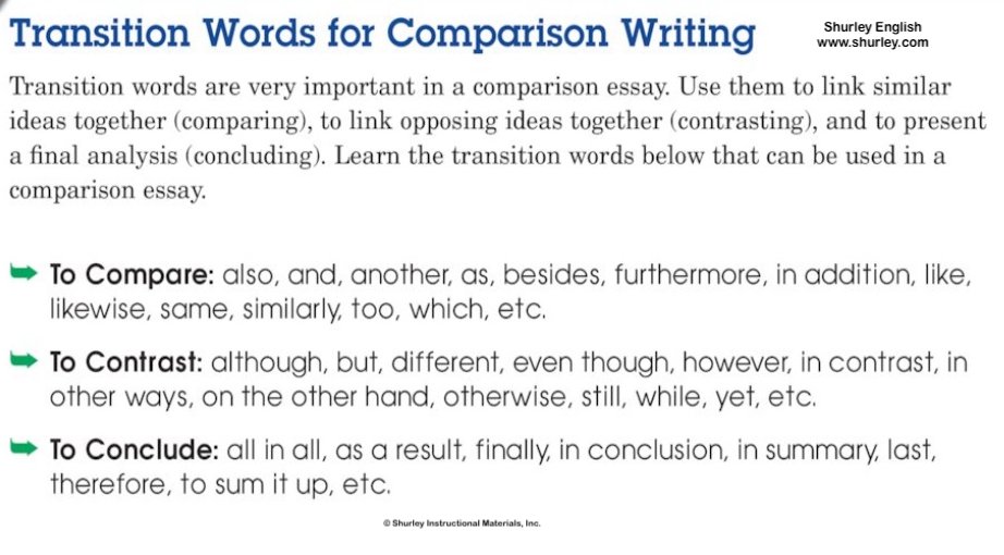 Shurley English on Twitter: "📝In a comparison essay, transition words ...
