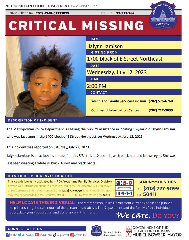 DC Police Department on Twitter: "Critical #MissingPerson 15-year-old Jalynn Jamison, who was ...