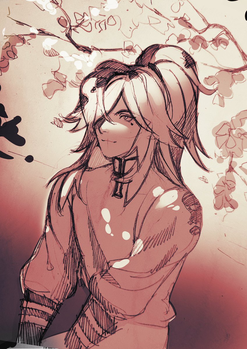 1boy solo male focus ponytail long hair hair over one eye monochrome ...
