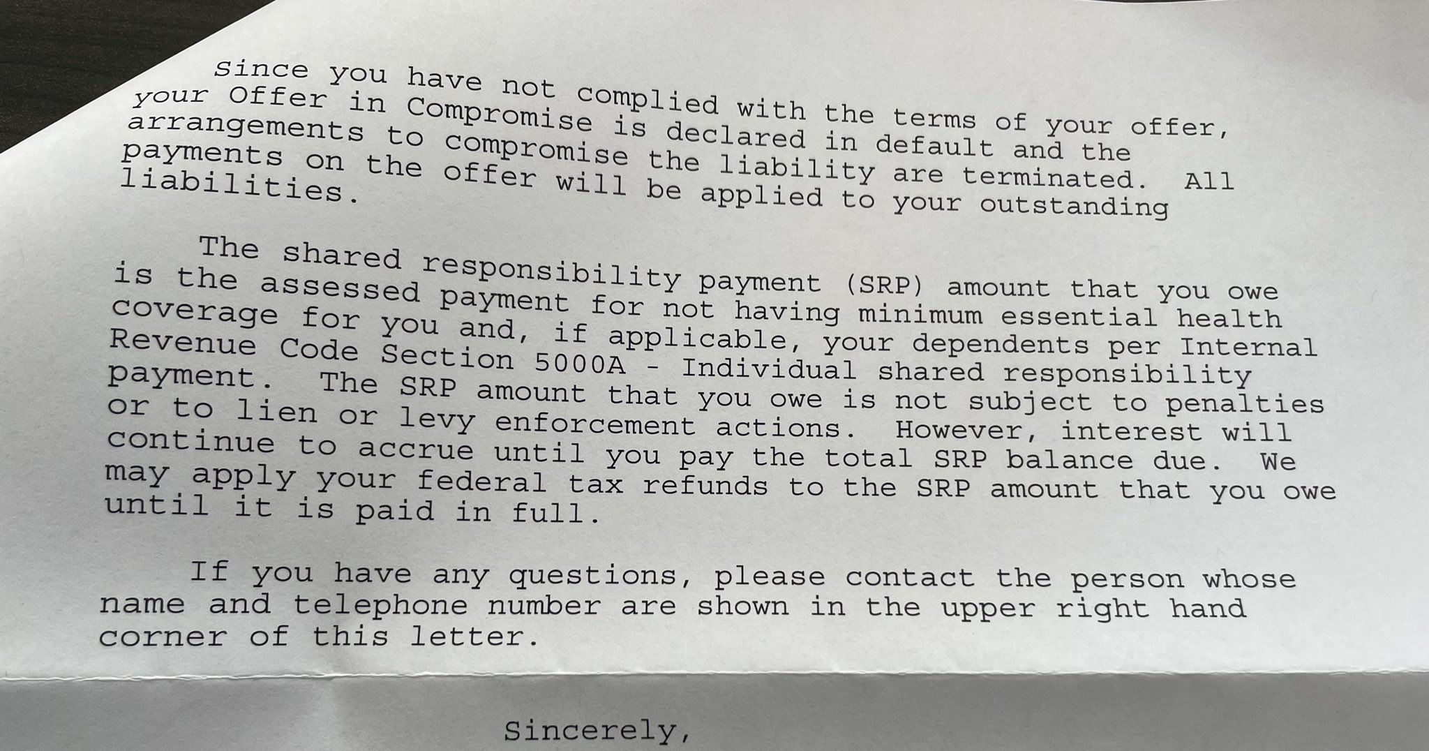 Offer And Compromise Letter