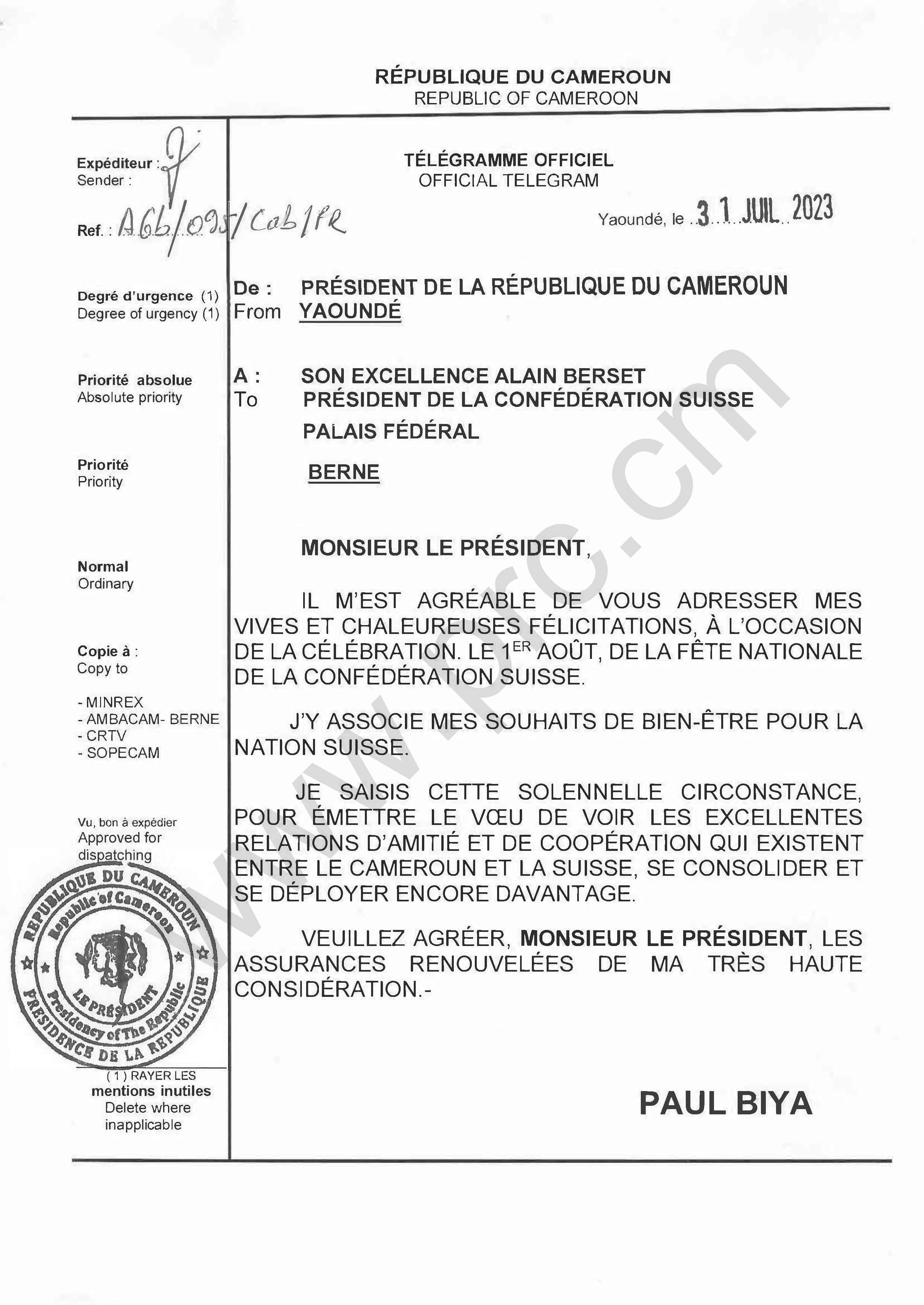 Paul Biya félicite Alain Berset pour la fête nationale suisse Paul Biya félicite Alain Berset pour la fête nationale suisse