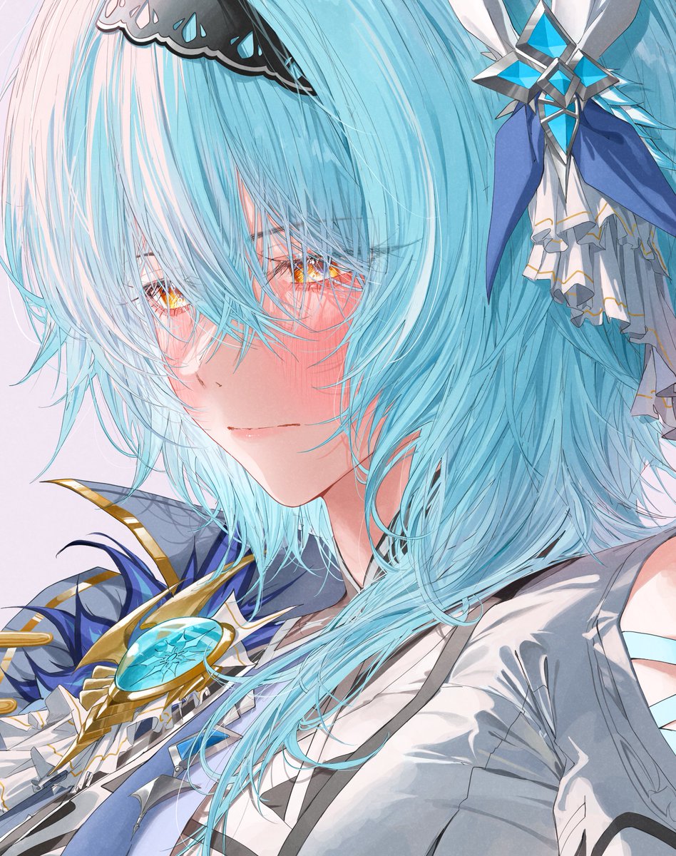 eula (genshin impact) 1girl solo blue hair blush hairband yellow eyes bangs illustration images