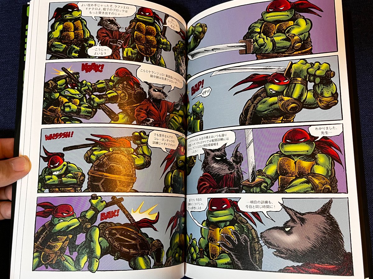 「タートルズクラシックコレクション③ 読み切りでどれも面白い。 この見開きのコマ割りとかほんと斬新。 上から下への時間経過」JOY86式。の漫画