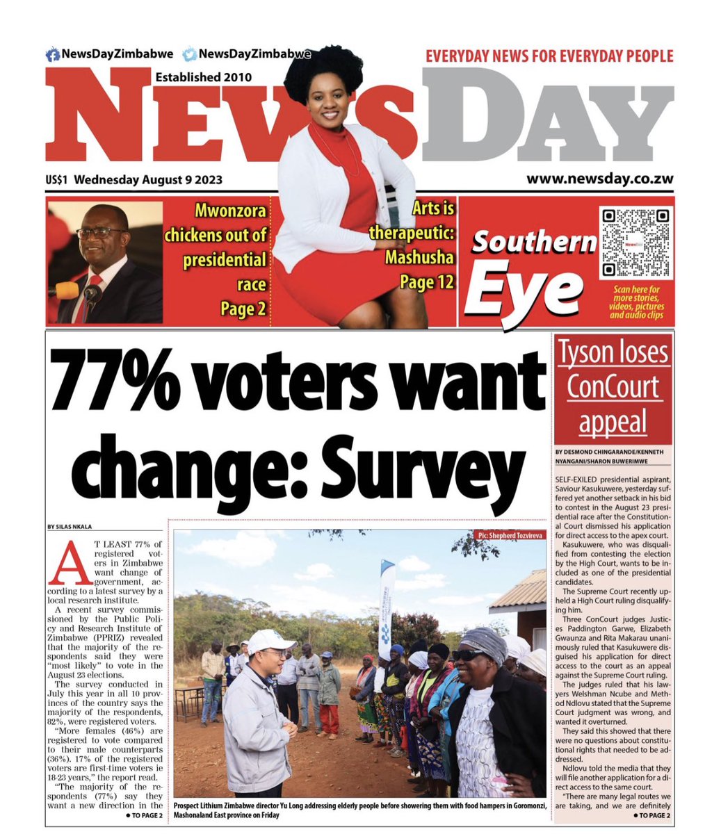 Today’s front page of the @NewsDayZimbabwe daily newspaper reports that ...