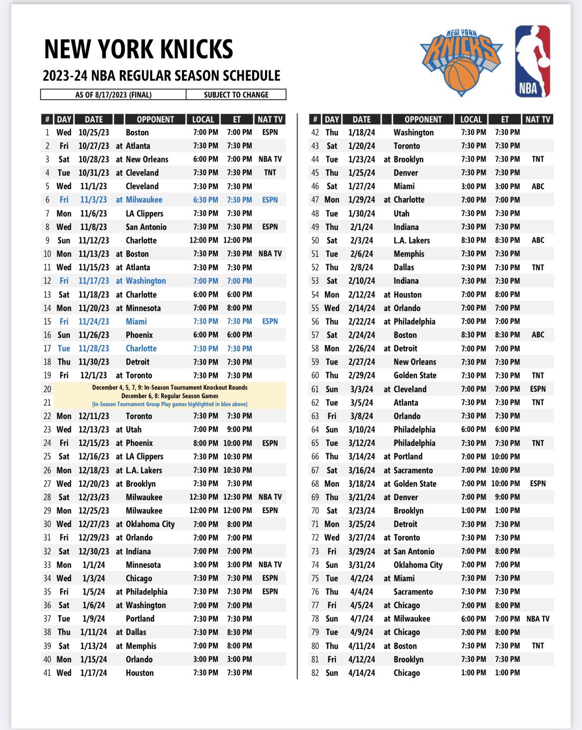 New York Knicks Schedule 2022 New York Knicks Schedule 2022