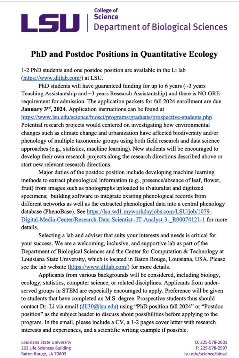 PhD and Postdoc Positions in Quantitative Ecology, LSU, USA PhD and Postdoc Positions in Quantitative Ecology, LSU, USA