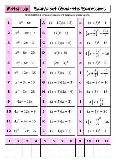Quadratic Expressions Worksheet With Answers