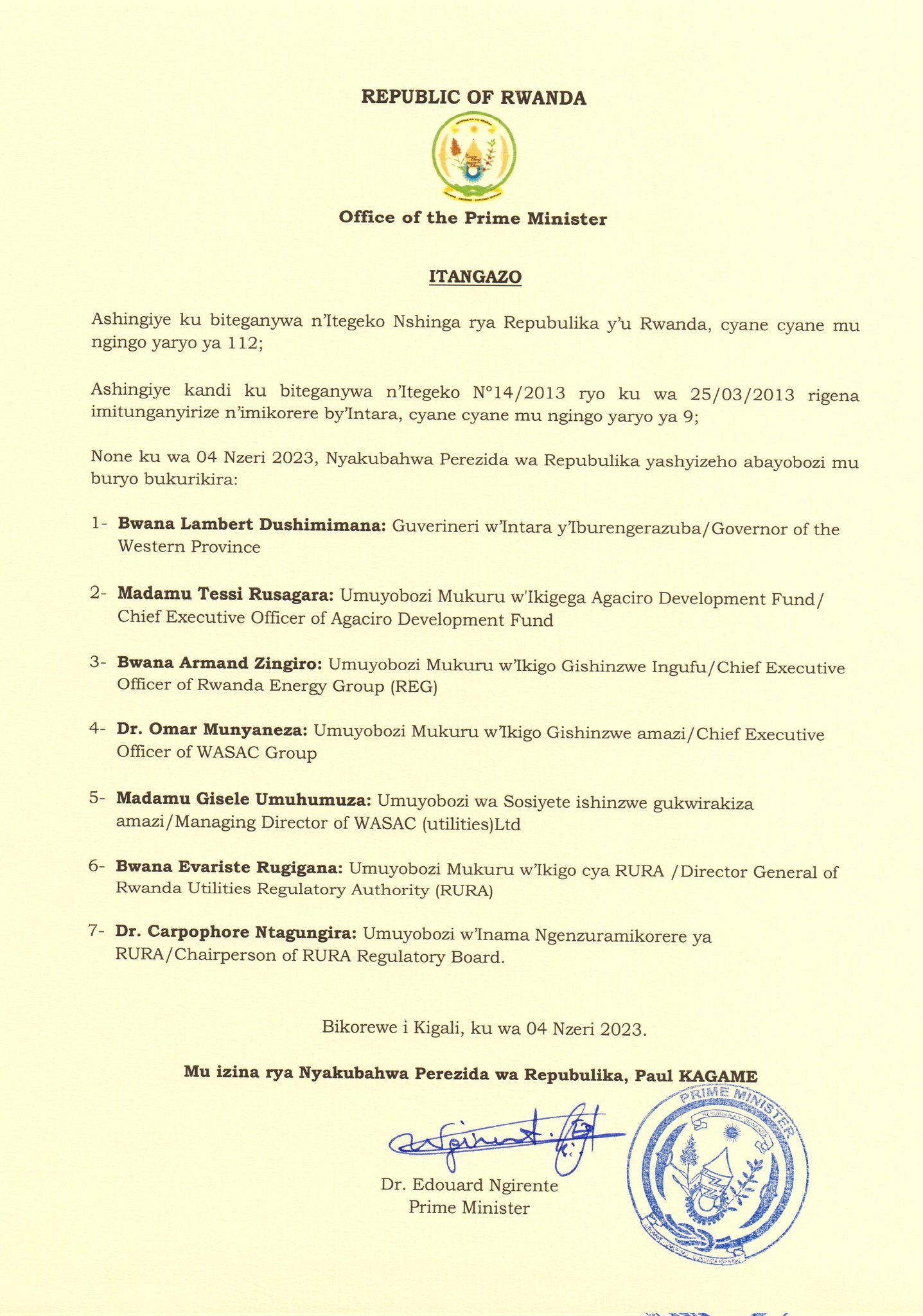 Itangazo ryaturutse mu Biro bya Minisitiri w’Intebe kuwa 04/09/2023 ...