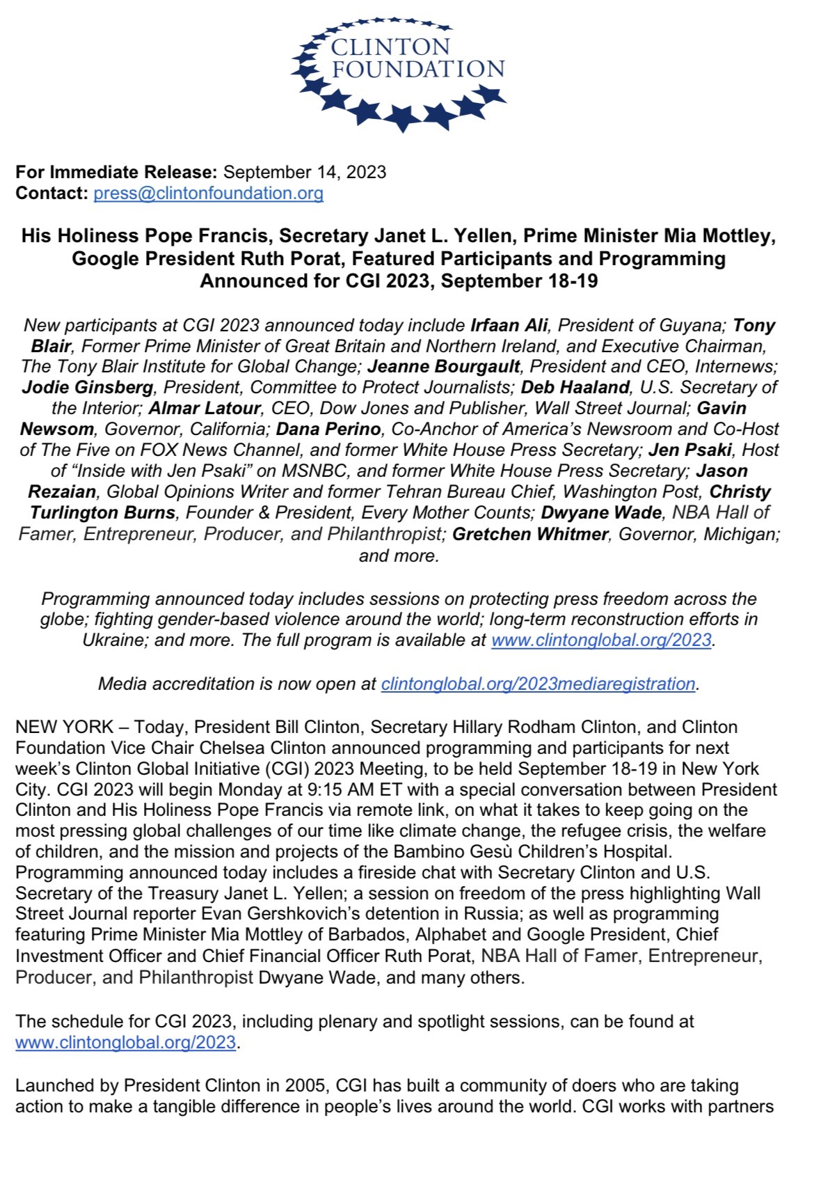 Clinton Foundation Letter