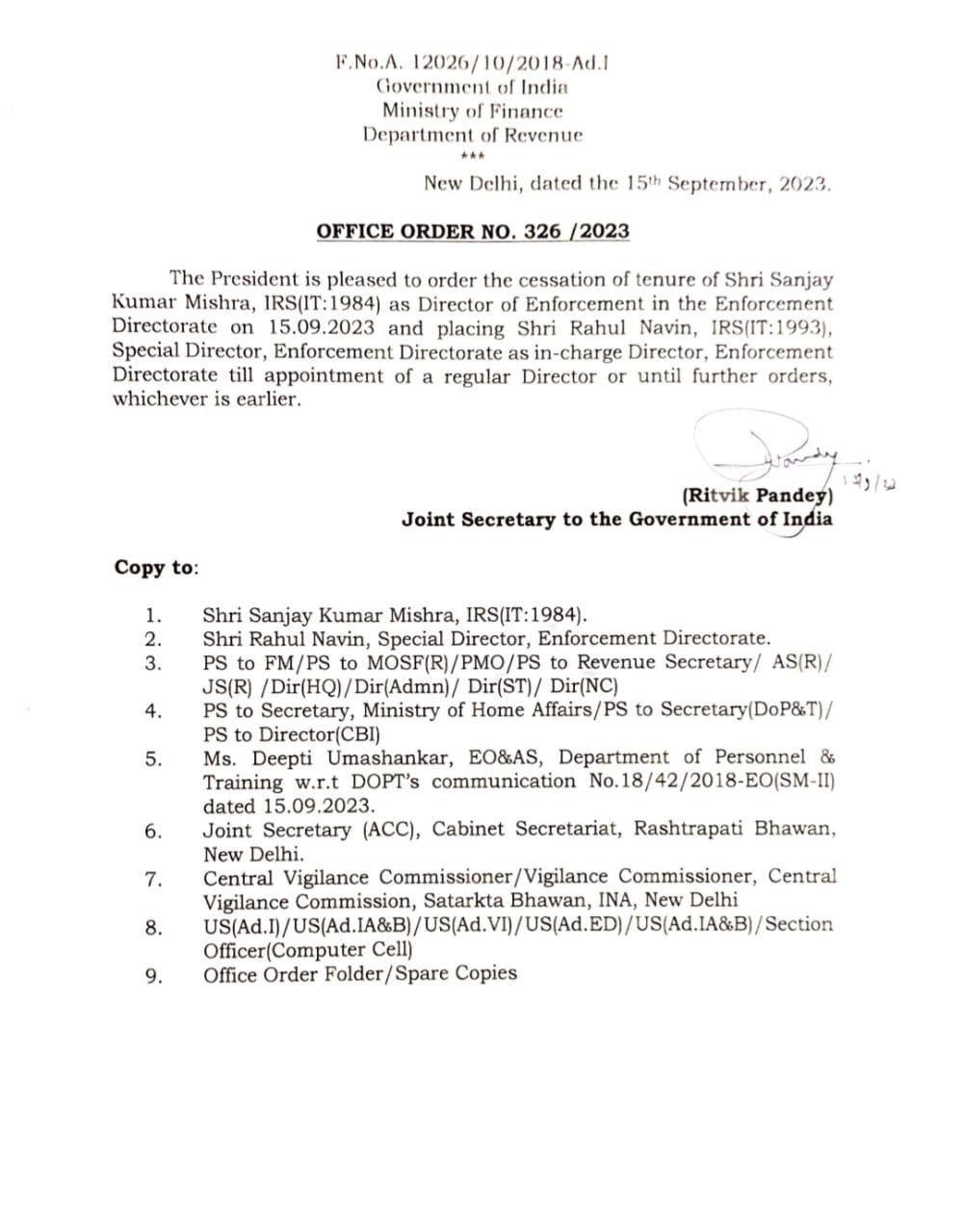 IRS Officer Rahul Navin Appointed ED In-Charge Director As Sanjay Kumar ...