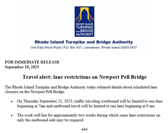 Travel Alerts - Rhode Island Turnpike and Bridge Authority