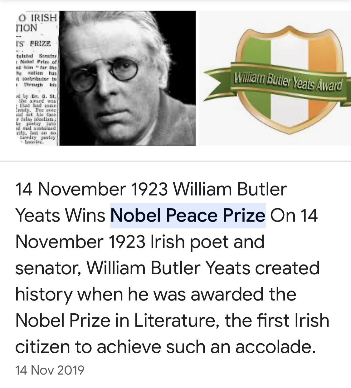 William Butler Yeats Nobel Prize
