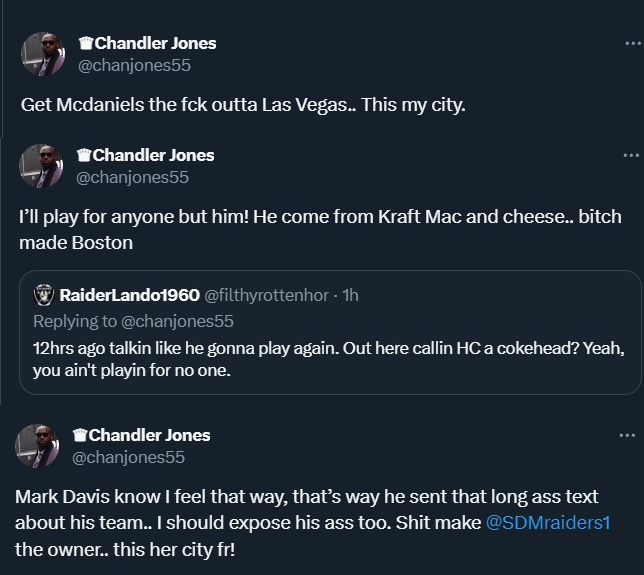 Raiders DE Chandler Jones is going off. I mean this thread of tweets is ...