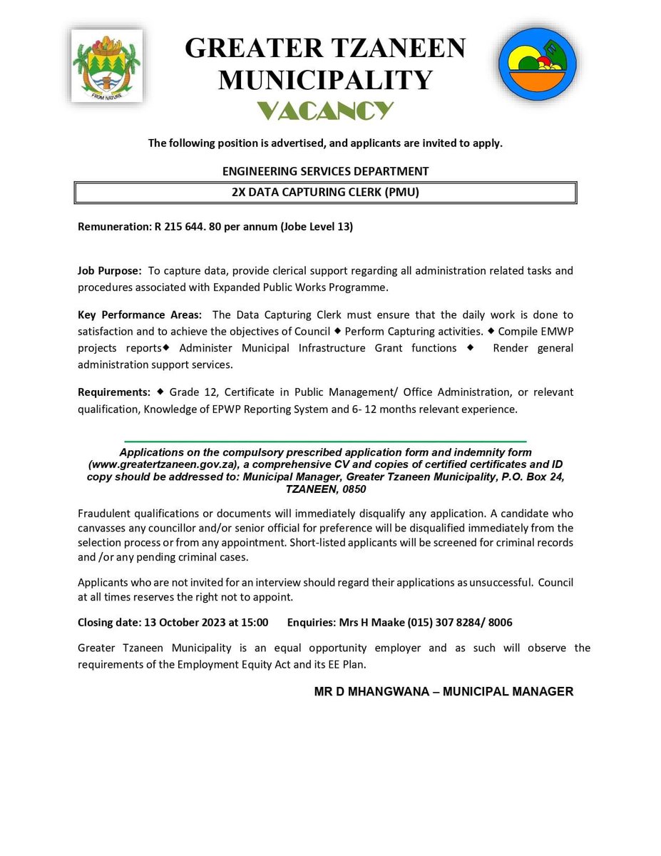 Greater Tzaneen Municipality Logo Job Collector On X: "We Are Hiring!